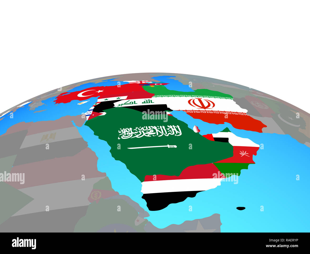 Western Asia with national flags on political globe. 3D illustration ...