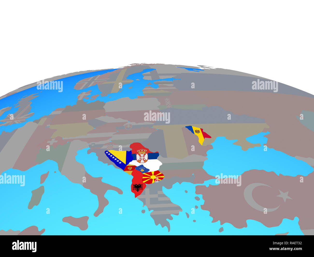 CEFTA countries with national flags on political globe. 3D illustration ...