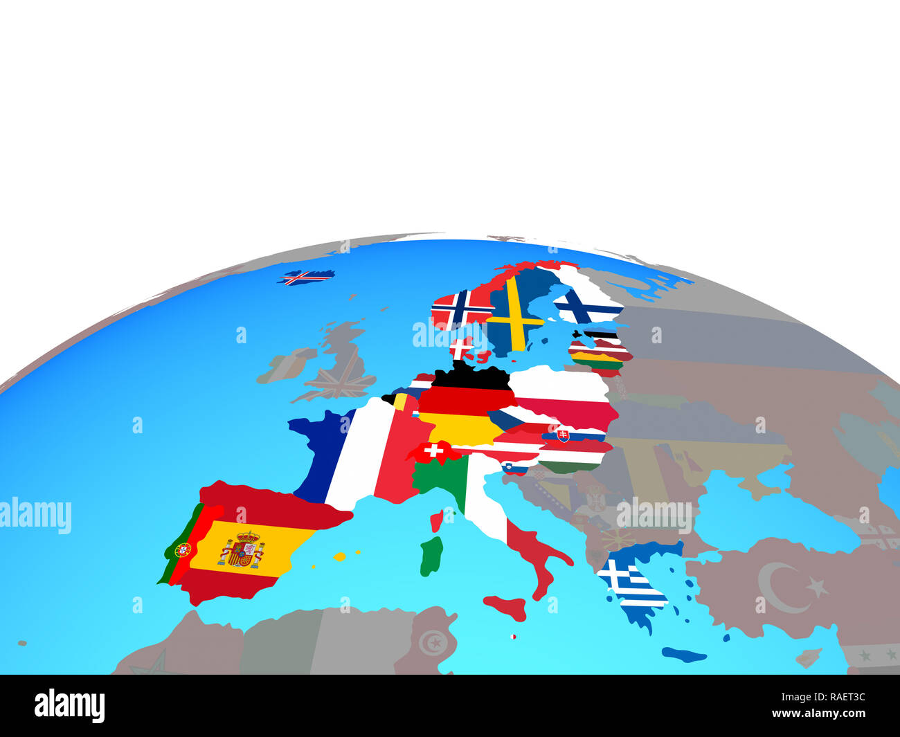 Schengen Area members with national flags on political globe. 3D ...