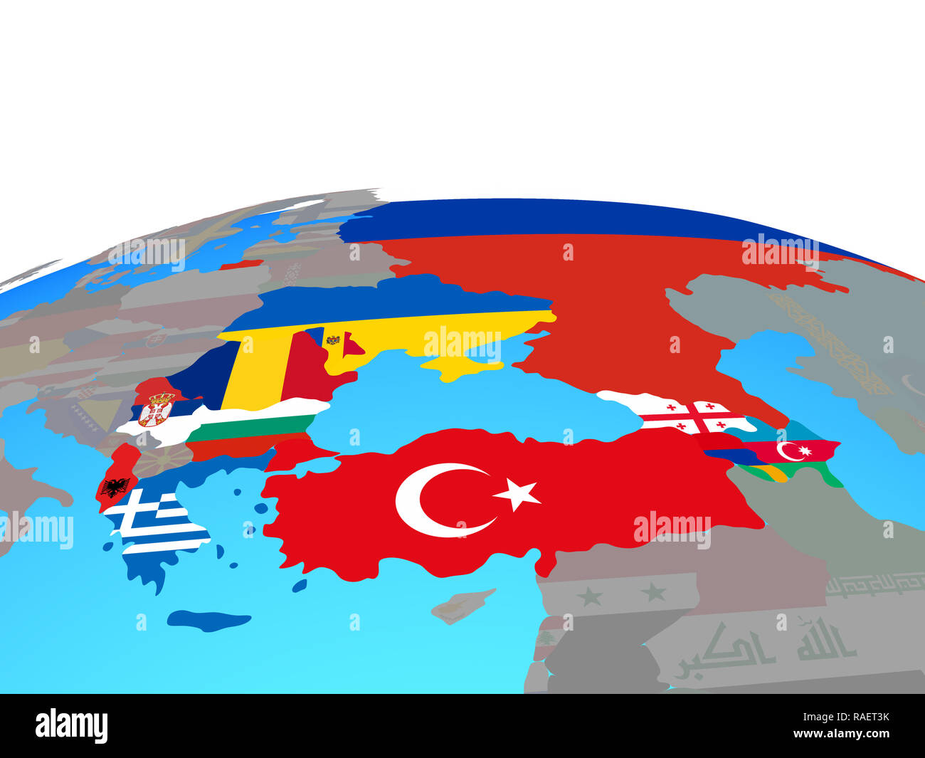 BSEC countries with national flags on political globe. 3D illustration ...