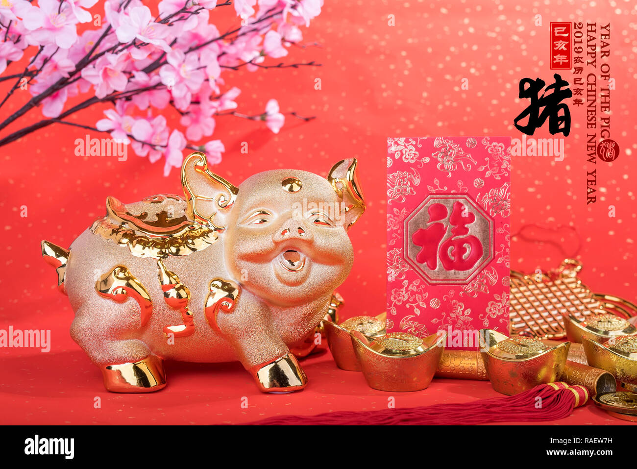 2019 is year of the pig,Golden piggy bank with red background ...
