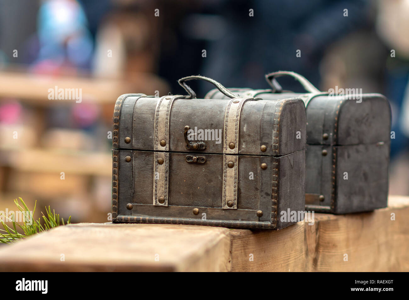 Ancient travel chests in the street craft market Stock Photo - Alamy