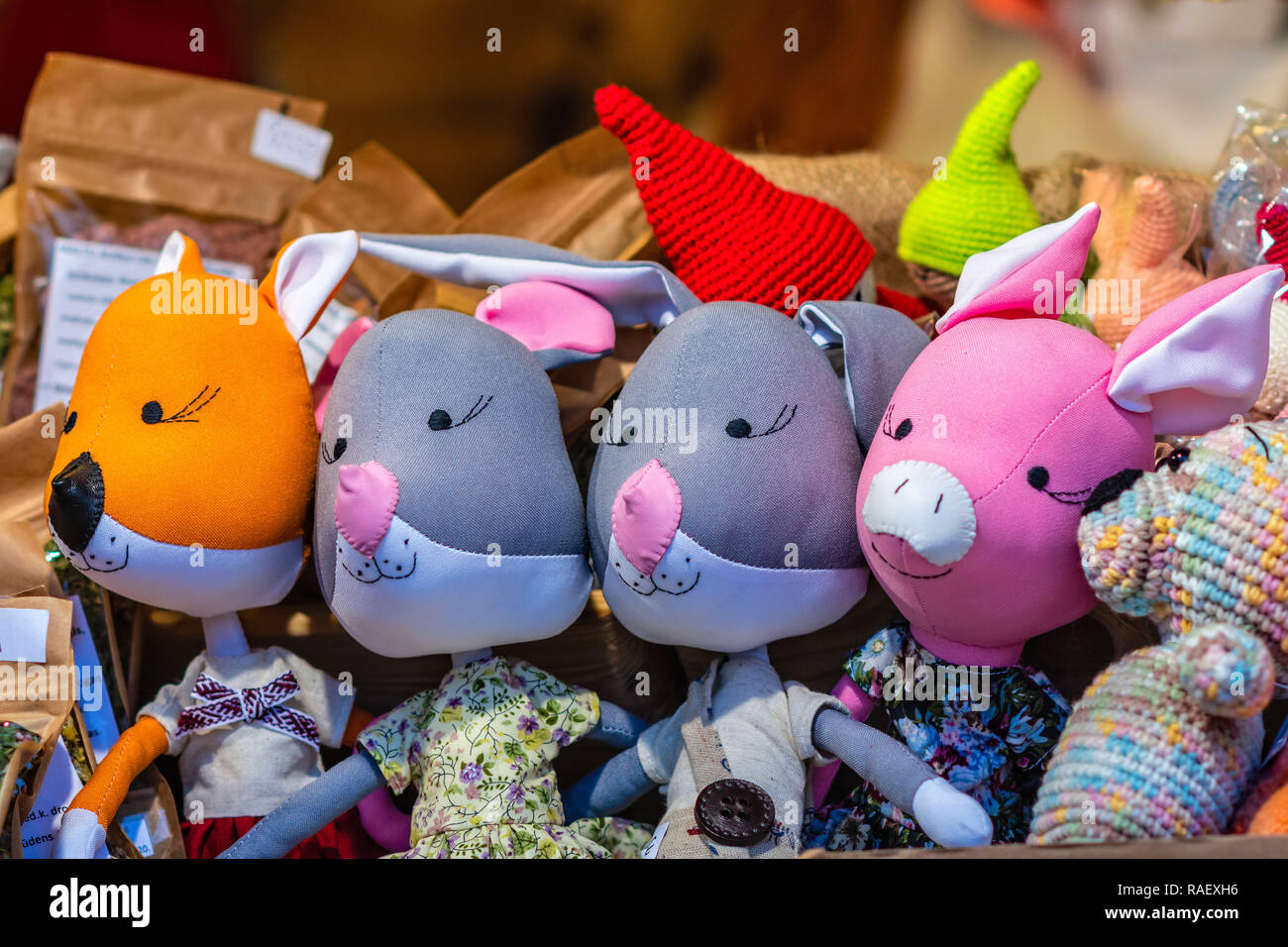 Close-up photo. A hand-made toy line in the craftsmans annual market ...