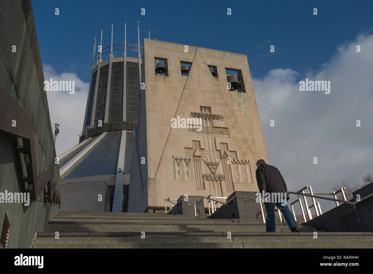Man walking up the steps to Liverpool Metropolitan Cathedral, Mount ...