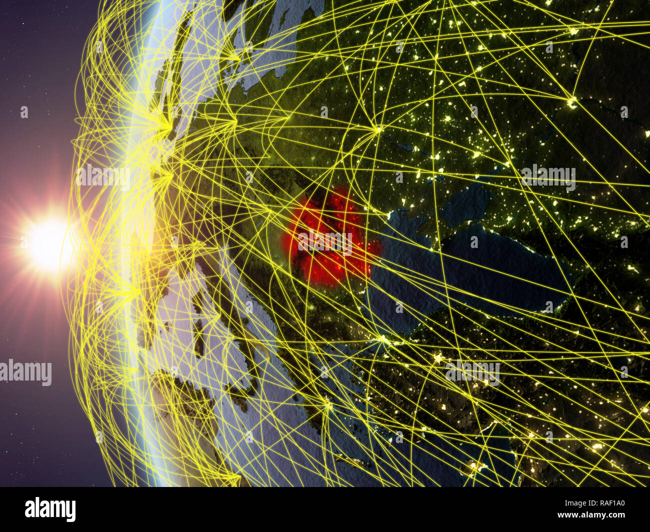 Romania from space on model of Earth during sunset with international ...
