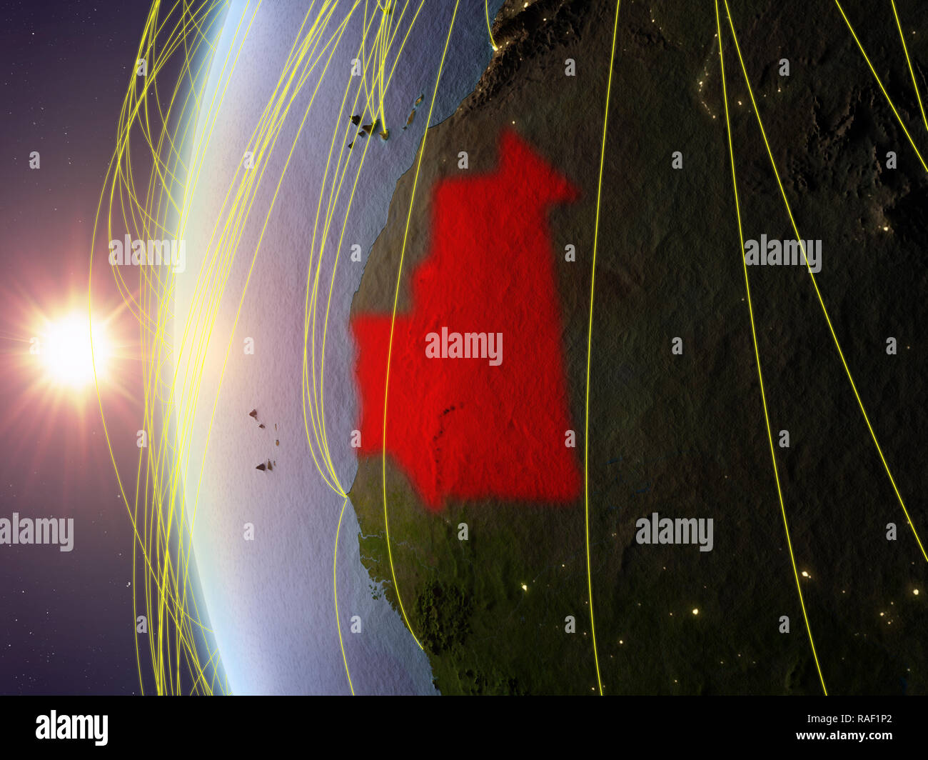 Mauritania from space on model of Earth during sunset with ...
