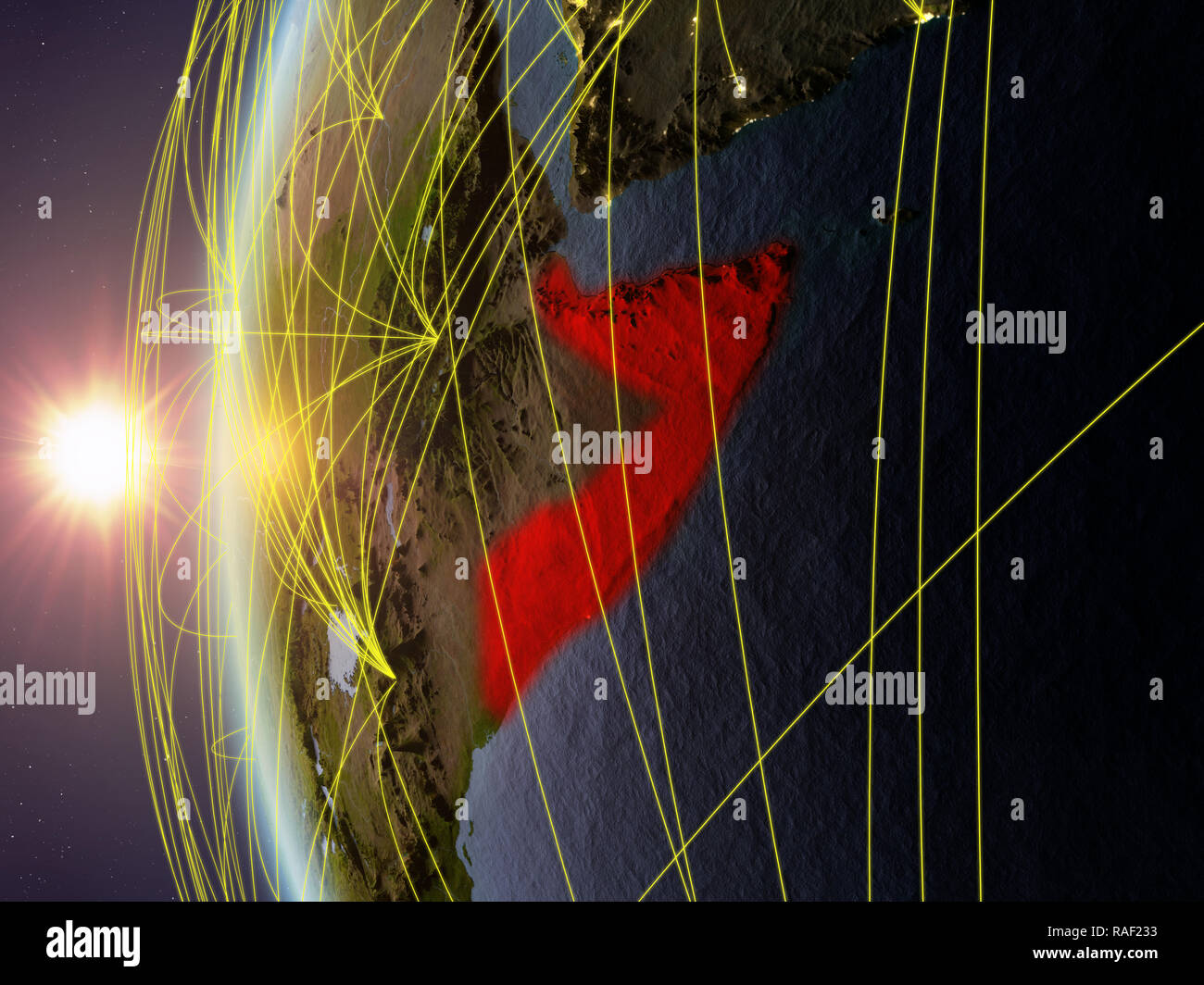 Somalia from space on model of Earth during sunset with international ...