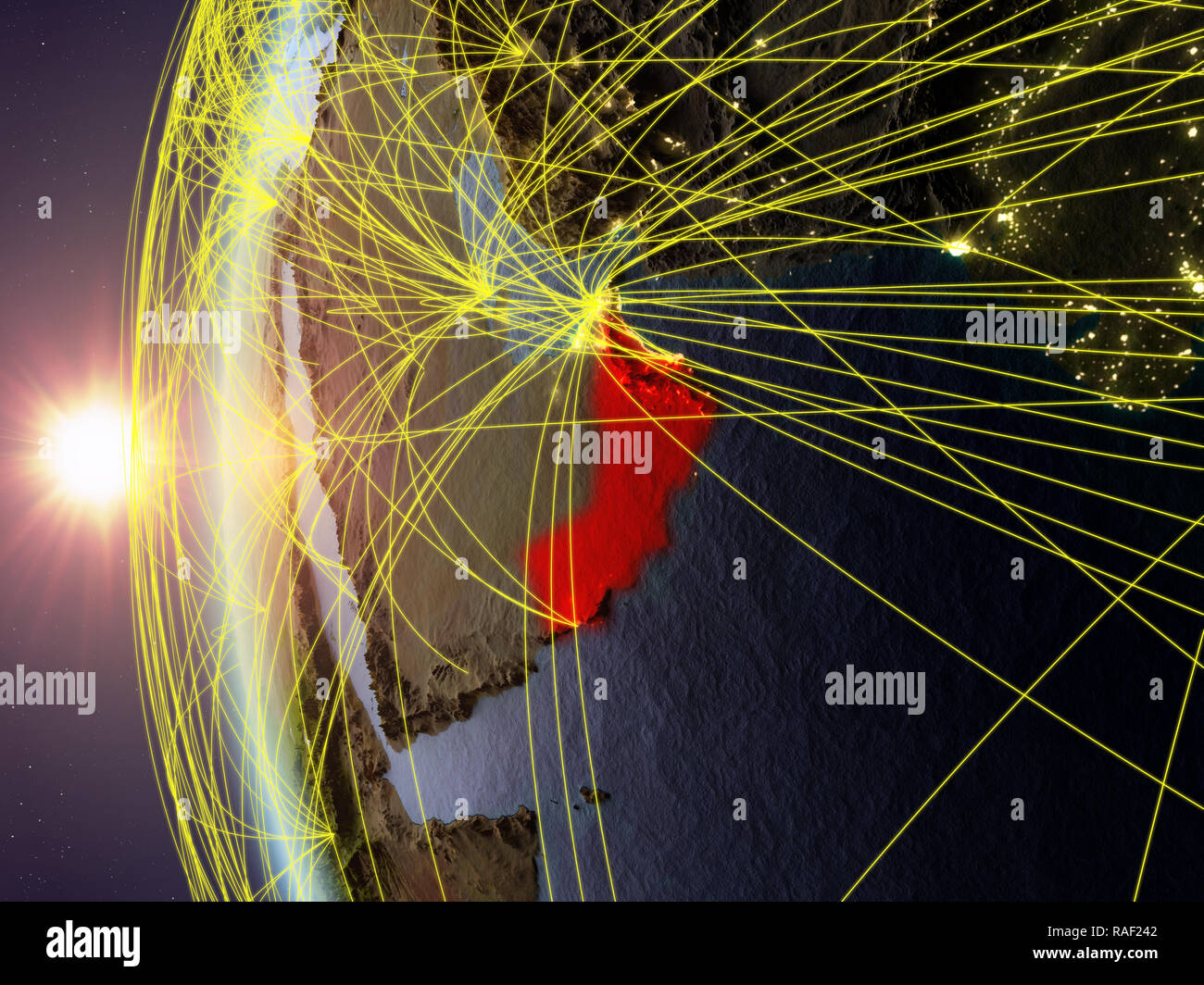 Oman from space on model of Earth during sunset with international ...