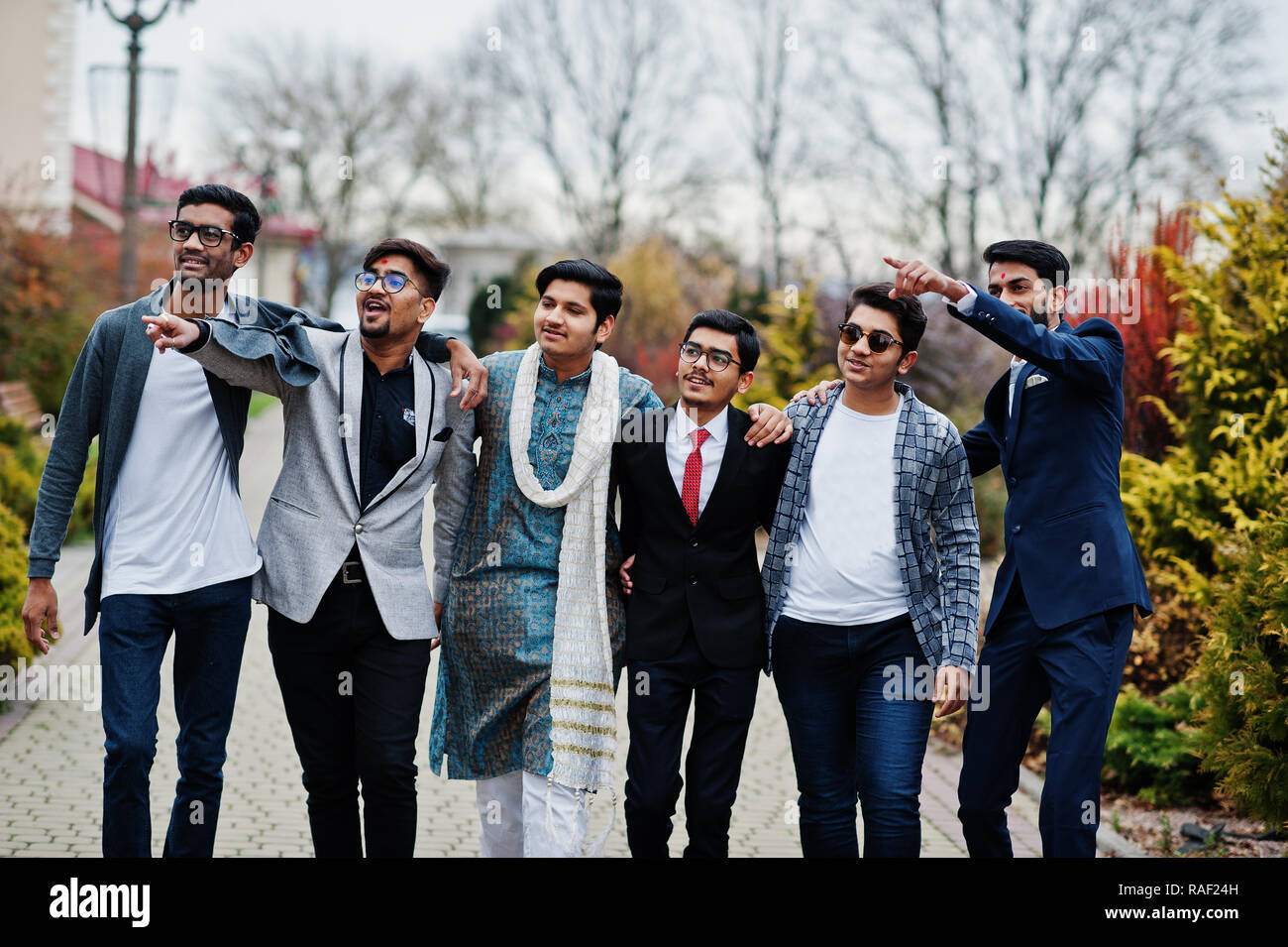 Group of six south asian indian mans in traditional, casual and ...