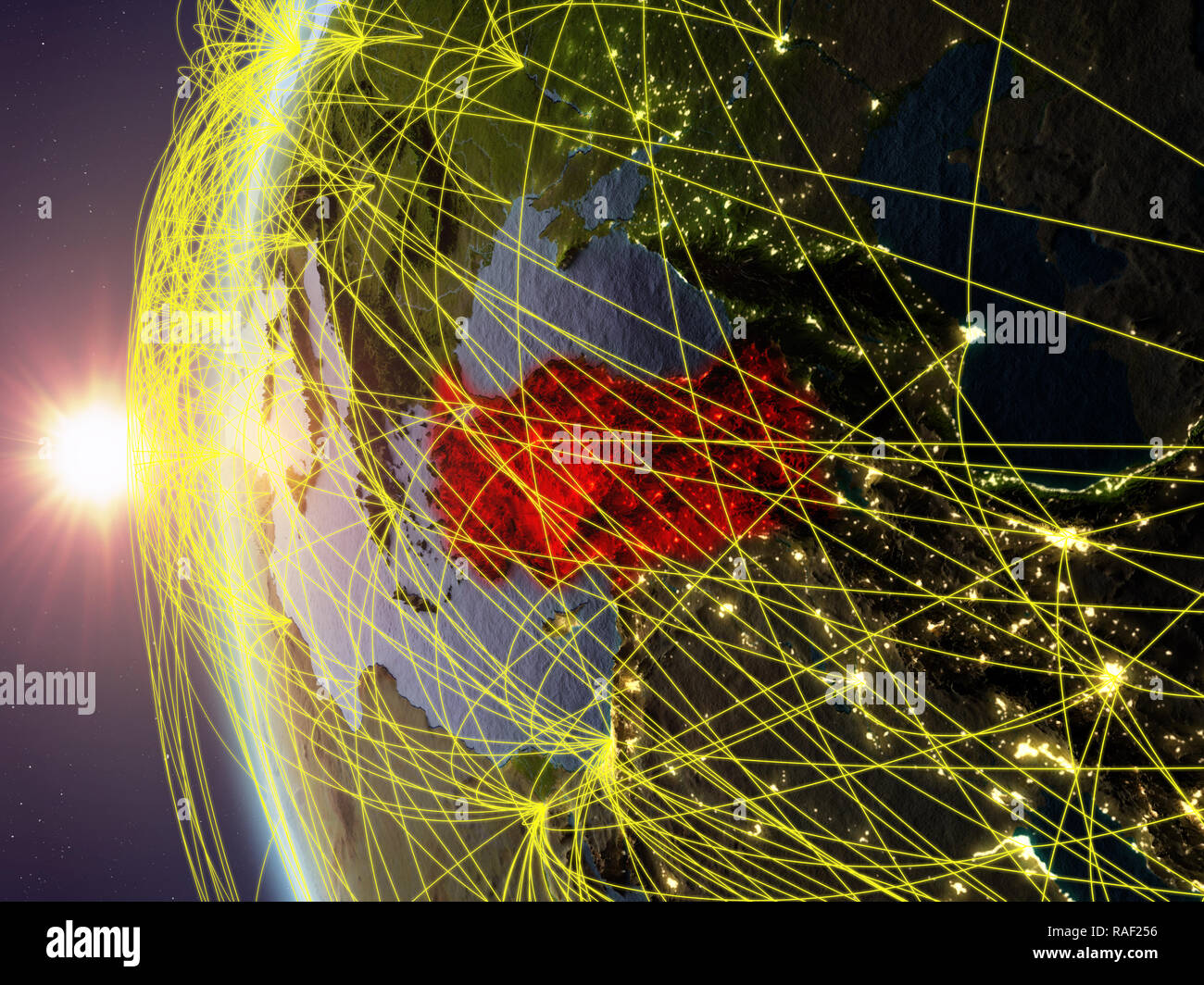 Turkey from space on model of Earth during sunset with international ...