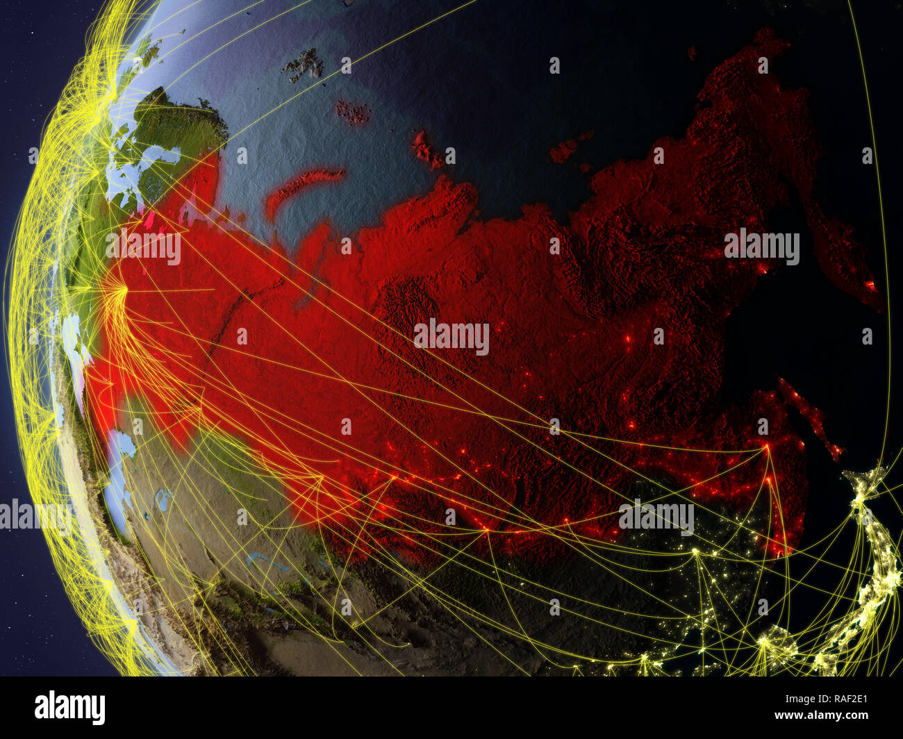 Russia from space on model of Earth during sunset with international ...