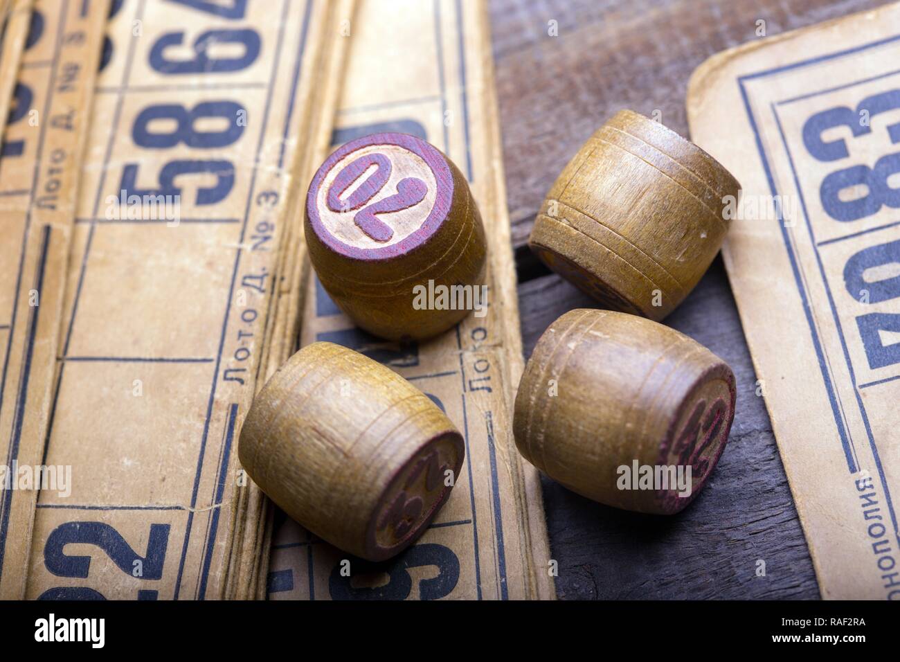 old wooden lotto barrels and game cards Stock Photo - Alamy
