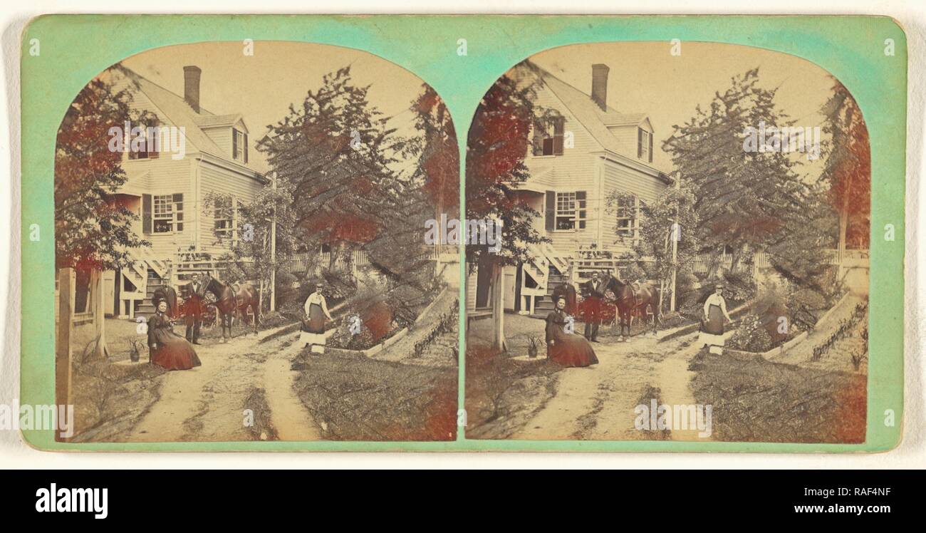 Family and horse at front yard and garden of house, Lowell ...