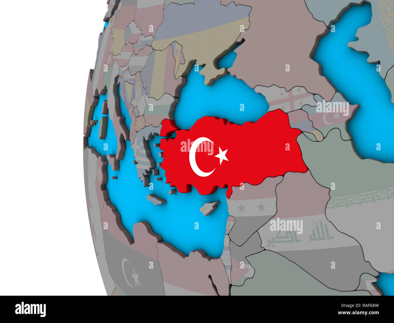 Turkey with national flag on blue political 3D globe. 3D illustration ...