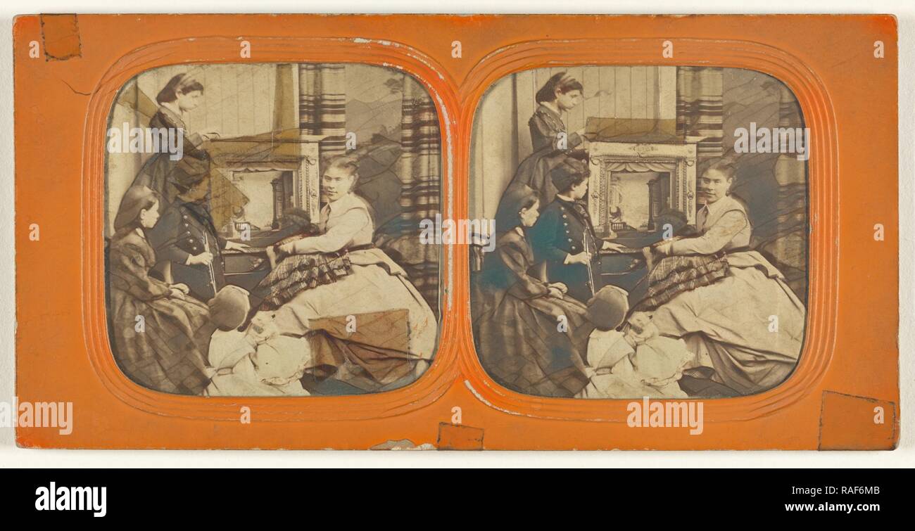 Parlor scene: women observing a painting, 1855 - 1860, Hand-colored ...