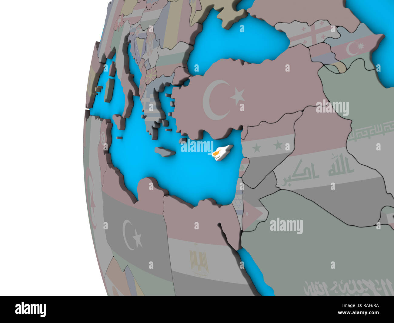 Cyprus with national flag on blue political 3D globe. 3D illustration ...