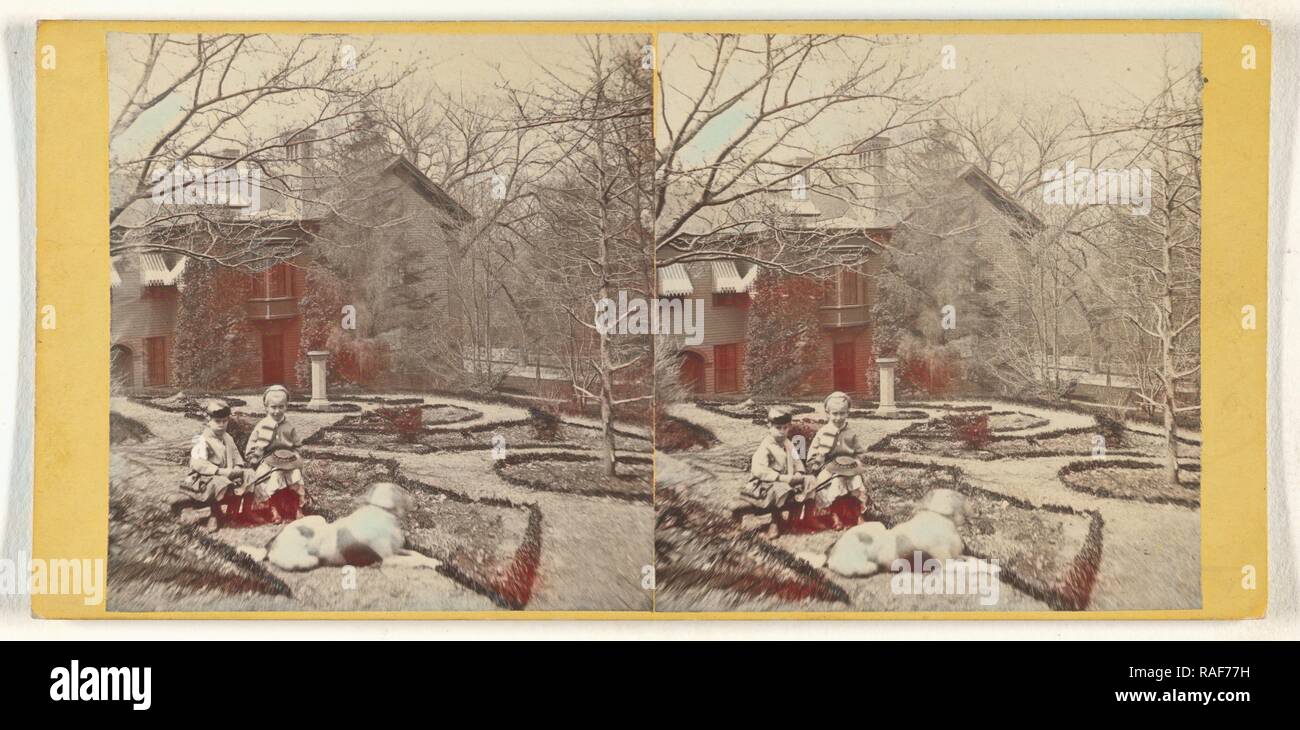 Children and dog posed on lawn, possibly at Watham, Mass, Henry F ...
