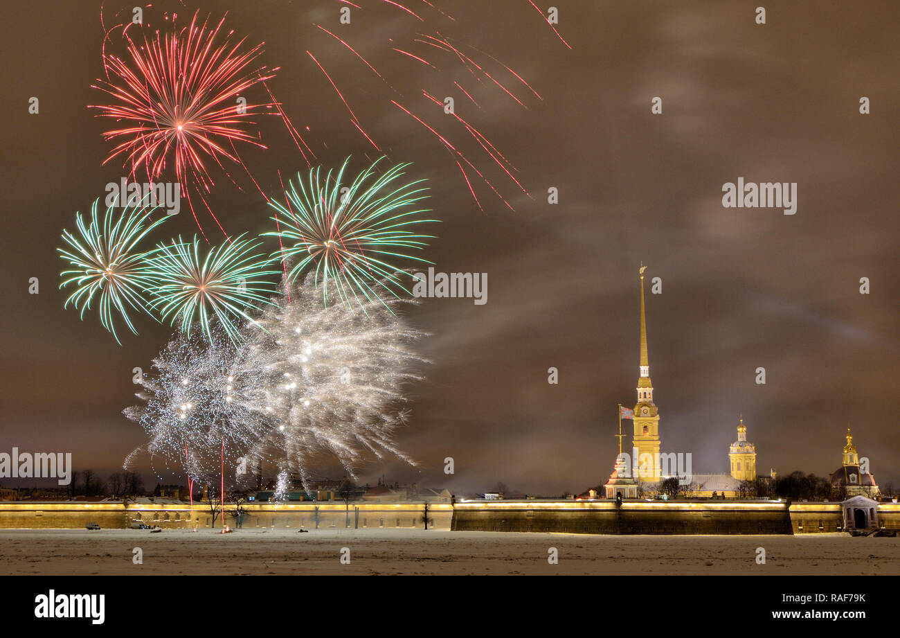 Beautiful festive fireworks for Christmas.Bright fireworks over the ...