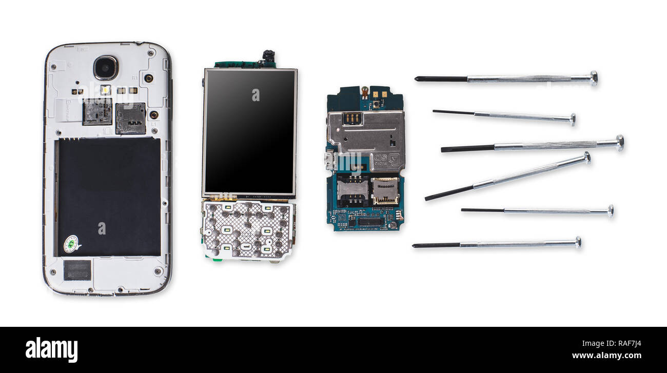 disassembled mobile phone and tools on white background Stock Photo - Alamy