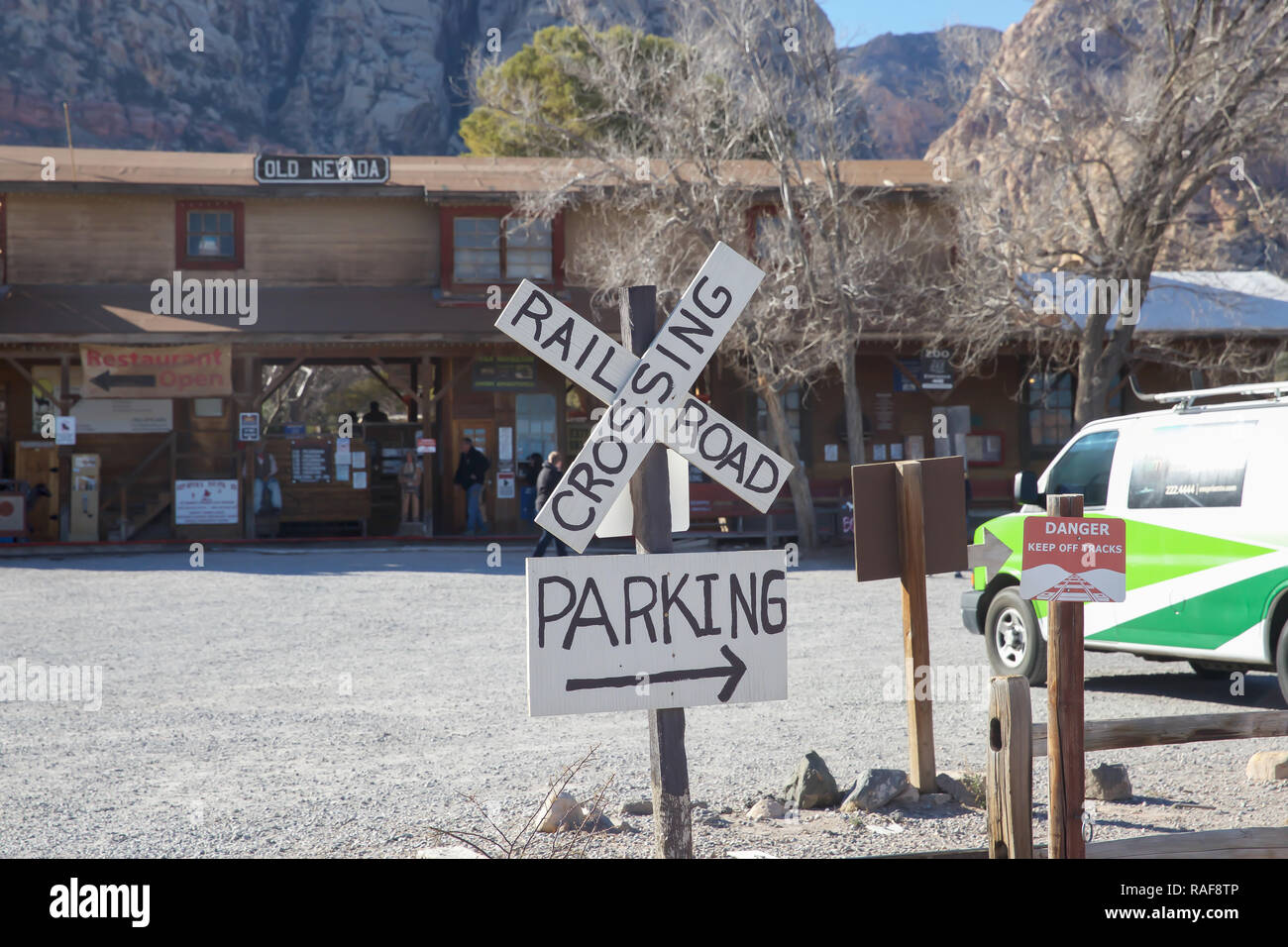 Railroad crossing sign at Bonnie Springs Old Nevada, California,USA ...