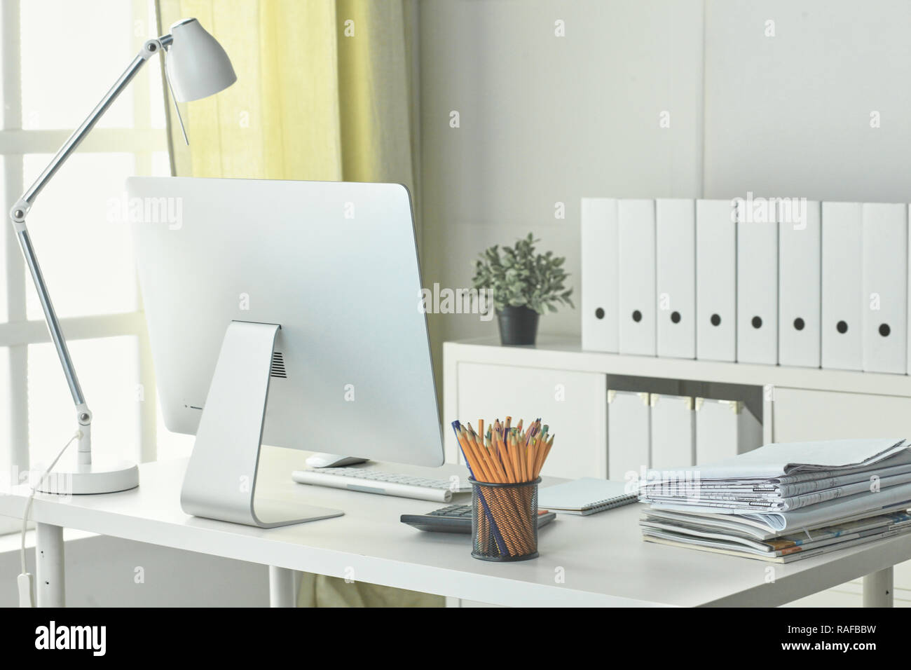 Workspace desktop, documents on the office table Stock Photo - Alamy