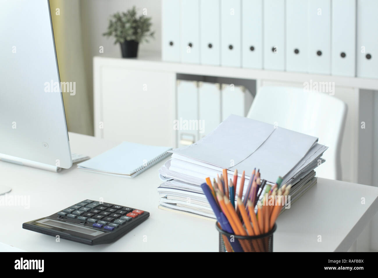 Workspace desktop, documents on the office table Stock Photo - Alamy