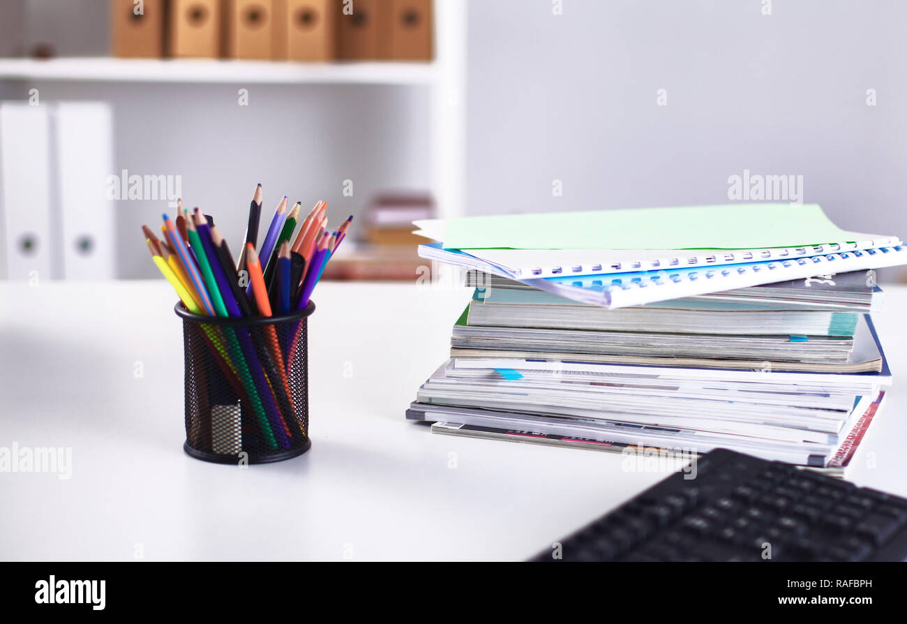 Workspace desktop, documents on the office table Stock Photo - Alamy
