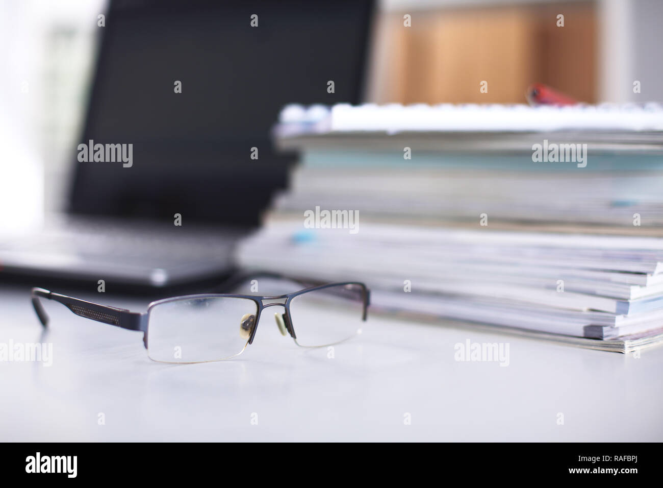 Workspace desktop, documents on the office table Stock Photo - Alamy