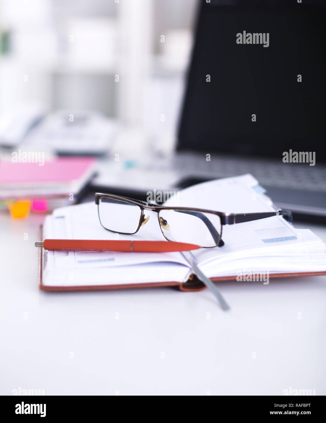 Workspace desktop, documents on the office table Stock Photo - Alamy