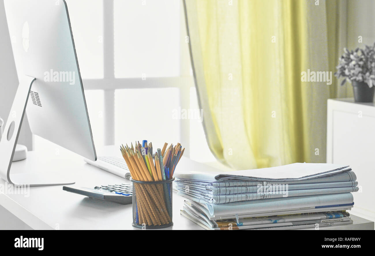 Workspace desktop, documents on the office table Stock Photo - Alamy