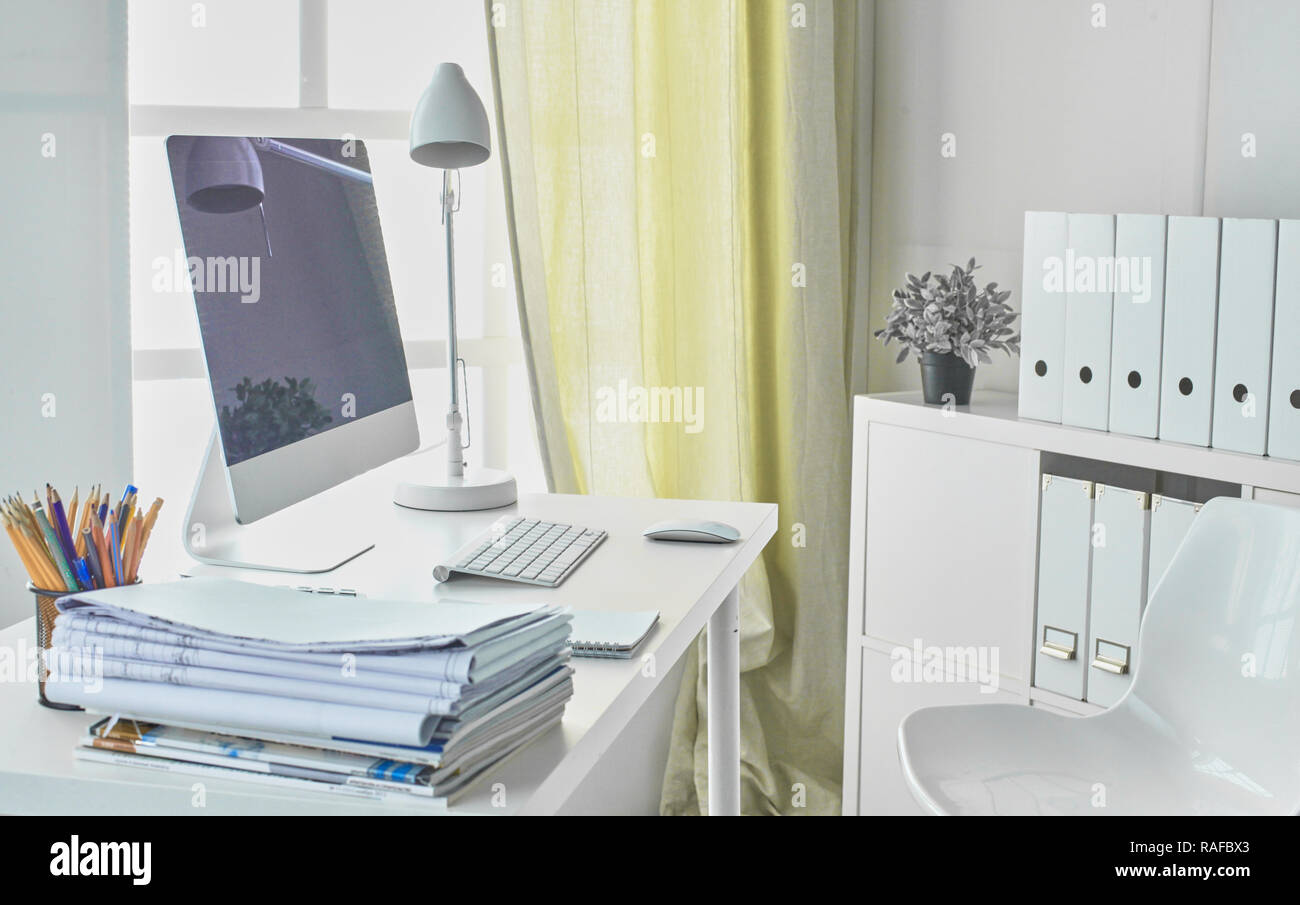 Workspace desktop, documents on the office table Stock Photo - Alamy