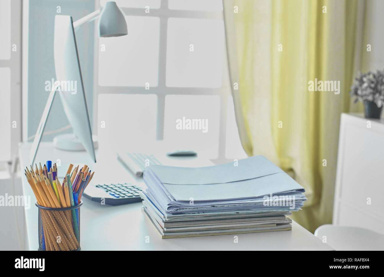 Workspace desktop, documents on the office table Stock Photo - Alamy