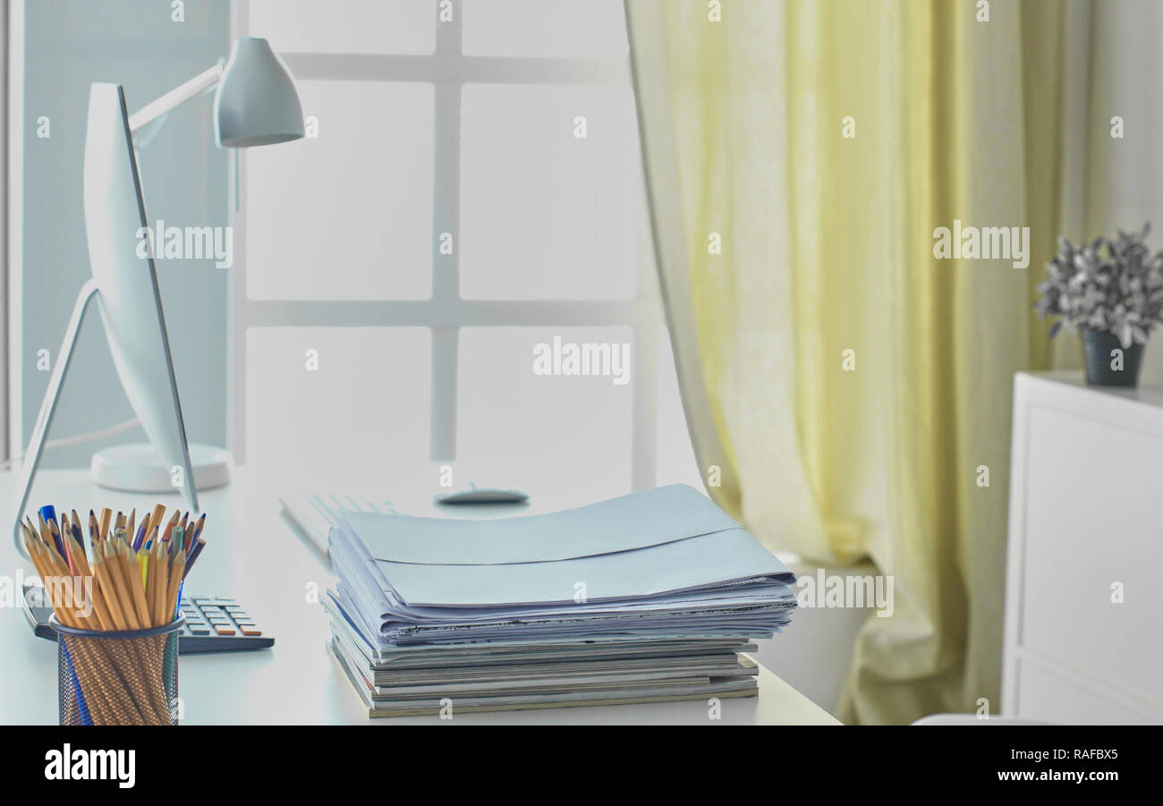 Workspace desktop, documents on the office table Stock Photo - Alamy