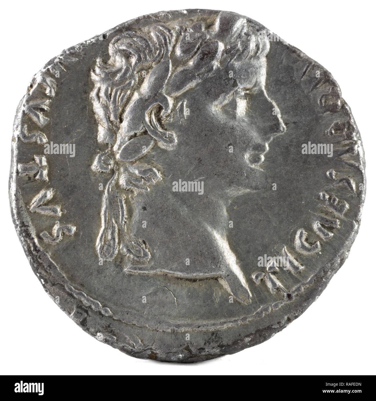 Ancient Roman silver denarius coin of Emperor Tiberius. Obverse Stock ...