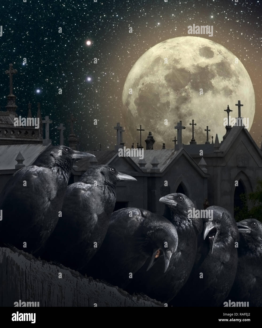 Halloween night with crows, old European Cemetery with lot of crosses ...