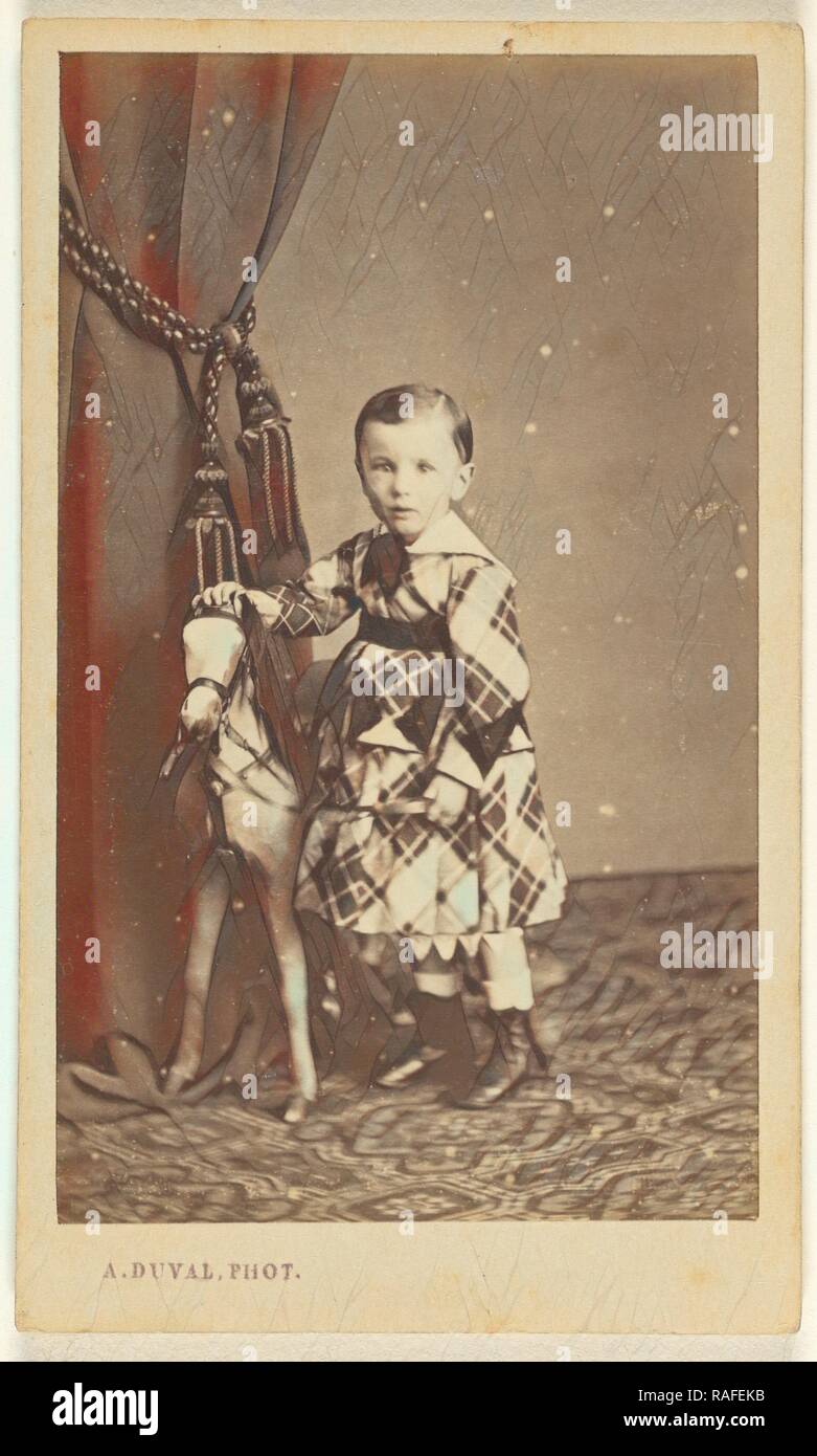 little boy standing with toy pony, A. Duval (French, active 1880s ...
