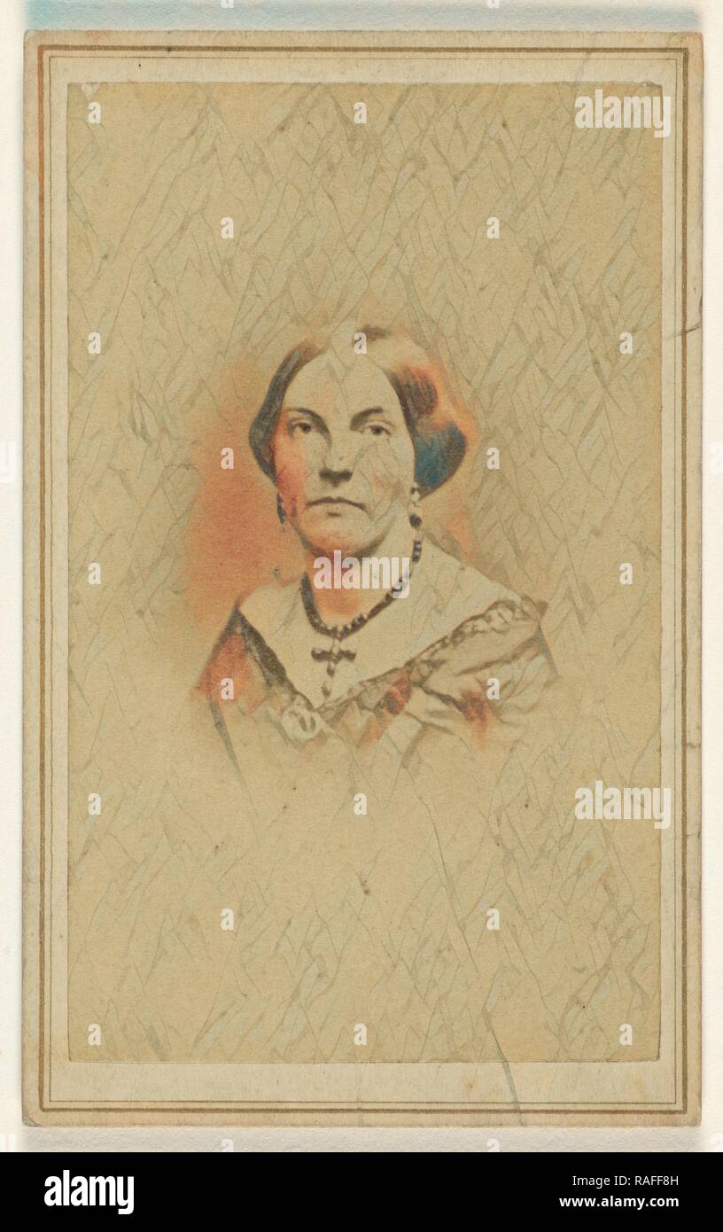 woman wearing a crucifix necklace, printed in vignette-style, J.H ...