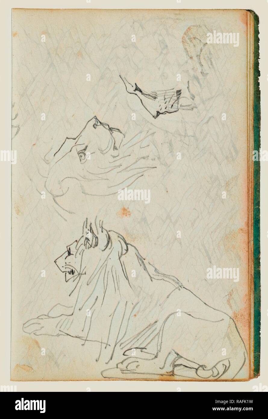 Seated Lion, Two Lion Head Studies, Théodore Géricault (French, 1791 ...