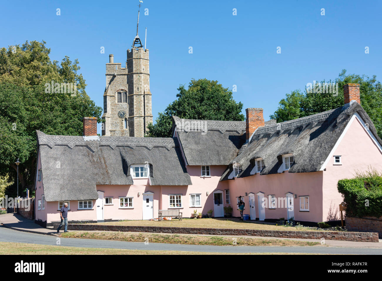 The Pink Cottages and St Mary's Church from Village Green, Cavendish ...