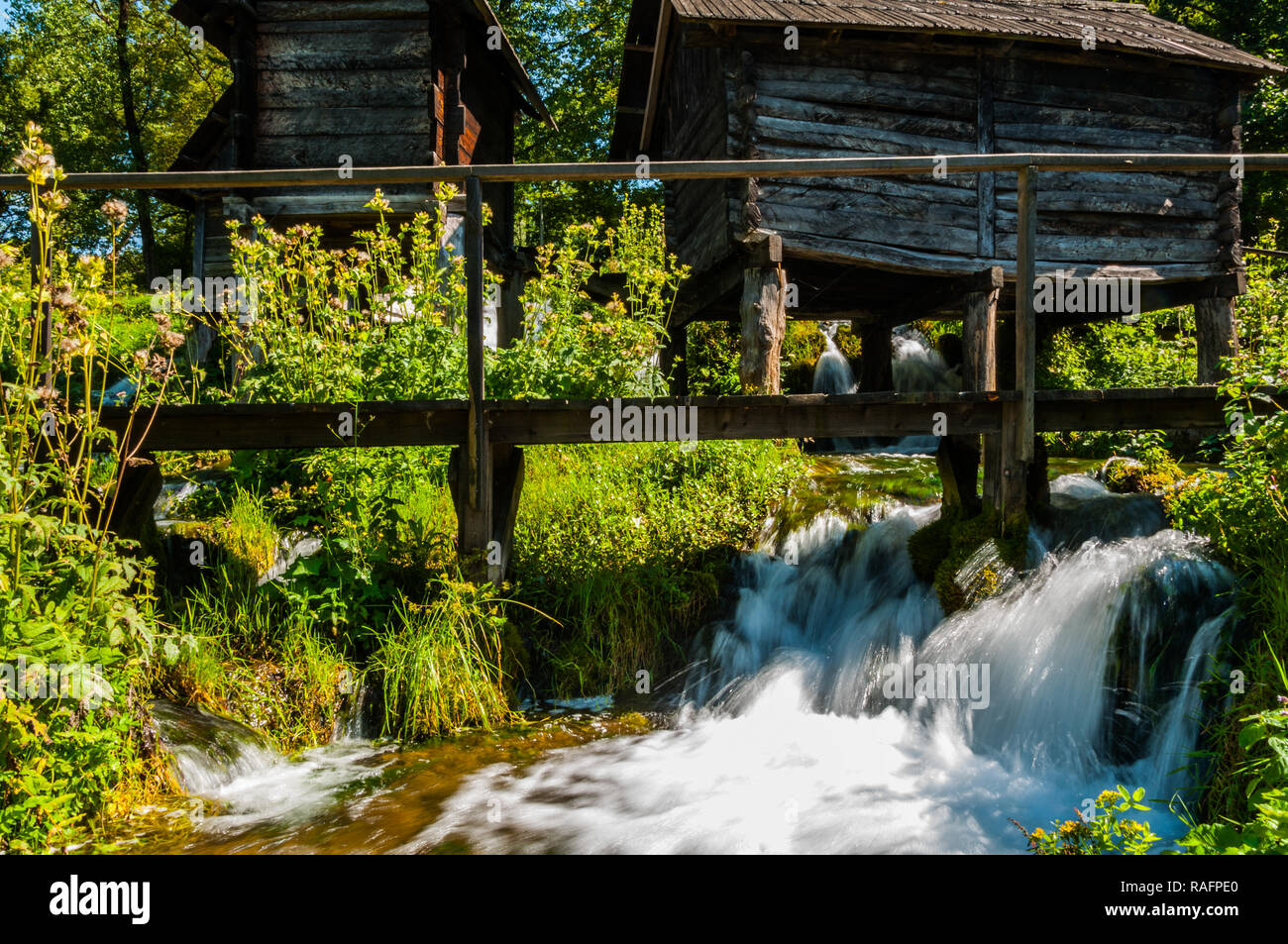Pliva lakes small wooden watermills in the city of Jajce in Bosnia ...
