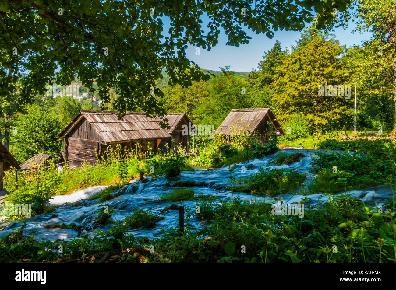 Pliva lakes small wooden watermills in the city of Jajce in Bosnia ...