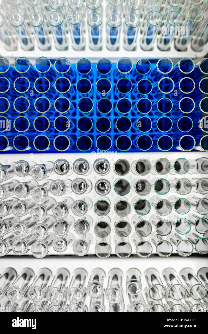 Empty glass test tubes in the stand, top view Stock Photo - Alamy