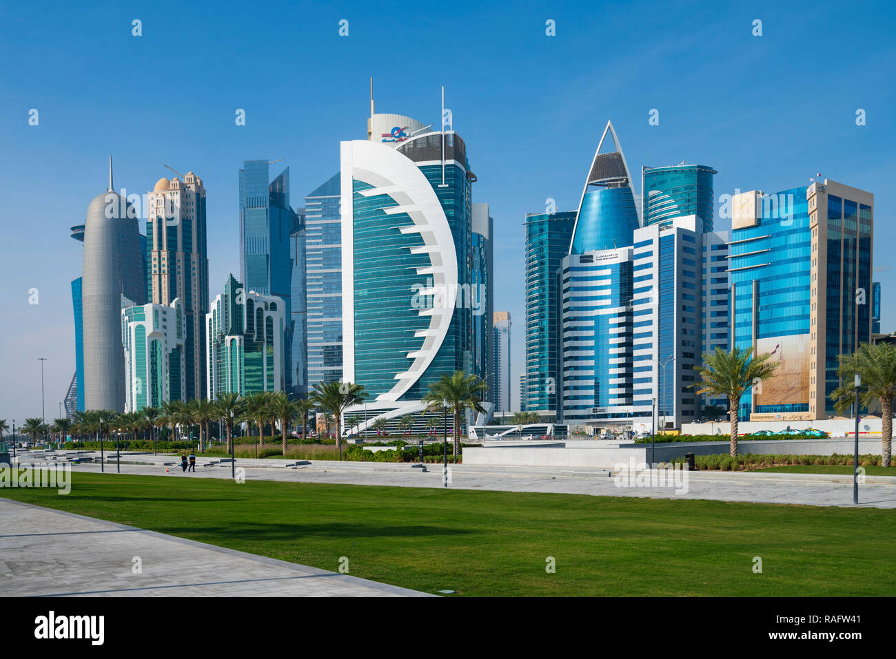 Daytime Skyline view of West Bay business district in Doha, Qatar Stock ...