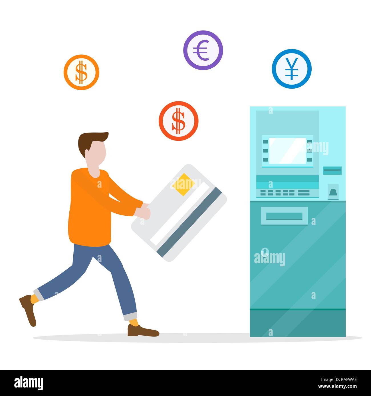 Vector illustration with man goes to ATM with a bank card. Personal ...