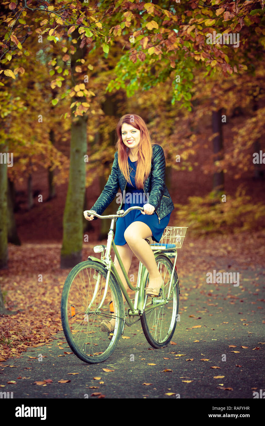 Woodland nature outdoor fitness relax leisure concept. Redhead lady ...