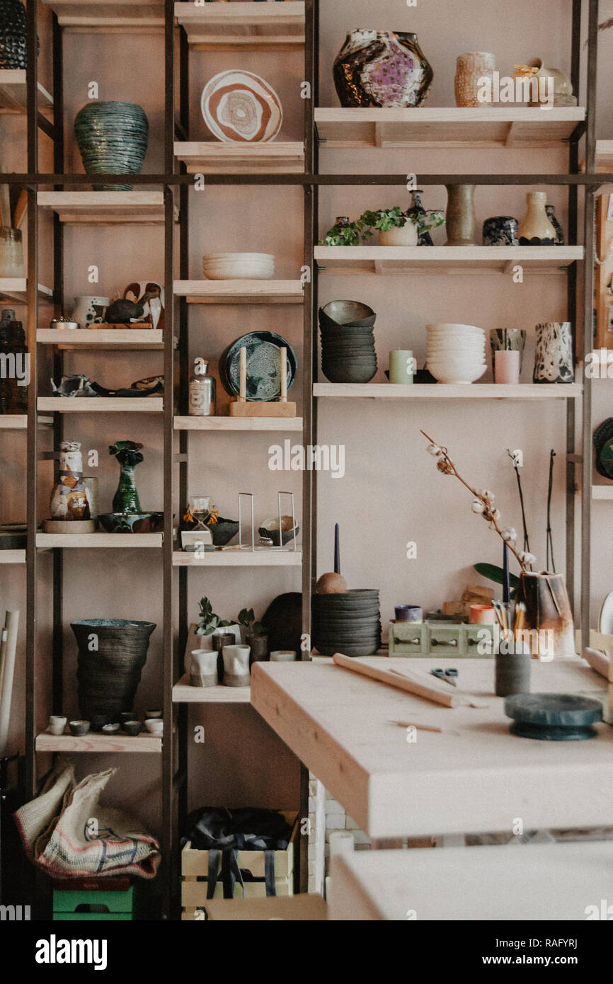 Ceramic studio for craft work with clay, color, glaze. Daylight in art ...