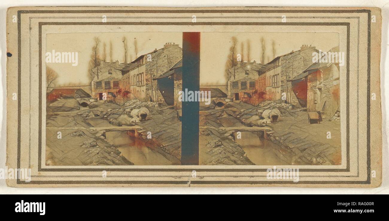 village with small moat and footbridges, about 1870, Albumen silver ...