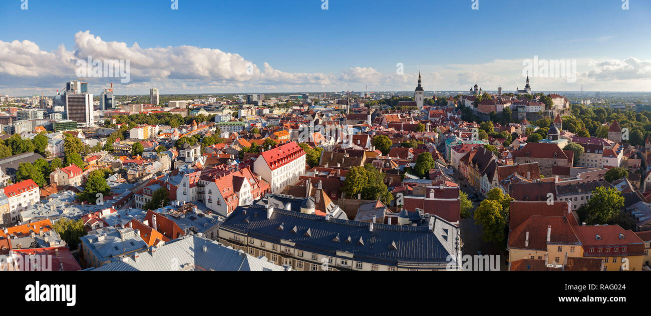 Aerial panoramic view on the old town Tallinb, Estonia. Sunny summer ...