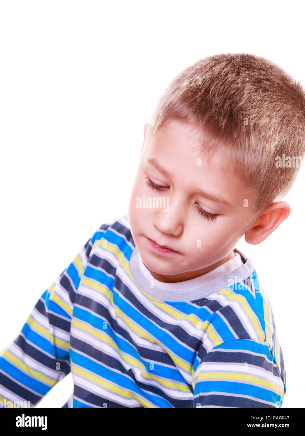 Emotions and thinking calm daydream. Little boy absorbed calm and ...