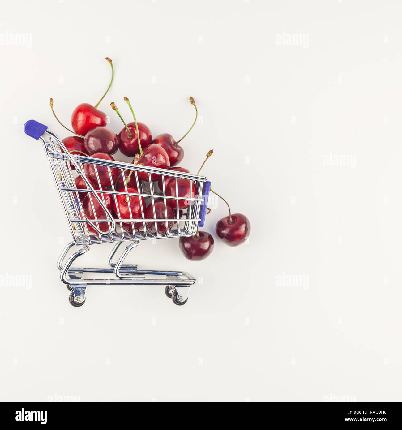 Square image of ripe cherries in a shopping cart with copy space ...